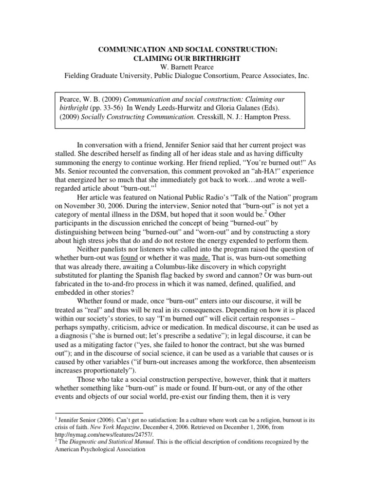 Pearce, Barnett - Communication As Social Construction - May 2010 | PDF ...