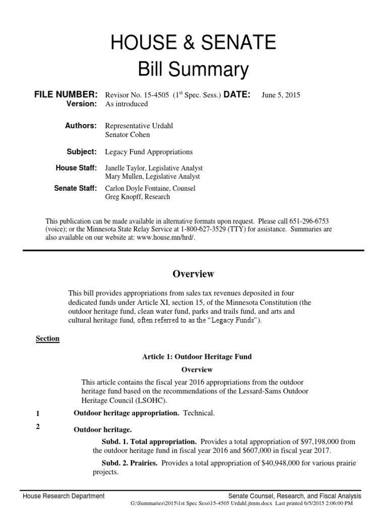 House & Senate Bill Summary: File Number: Date | PDF | Appropriations ...
