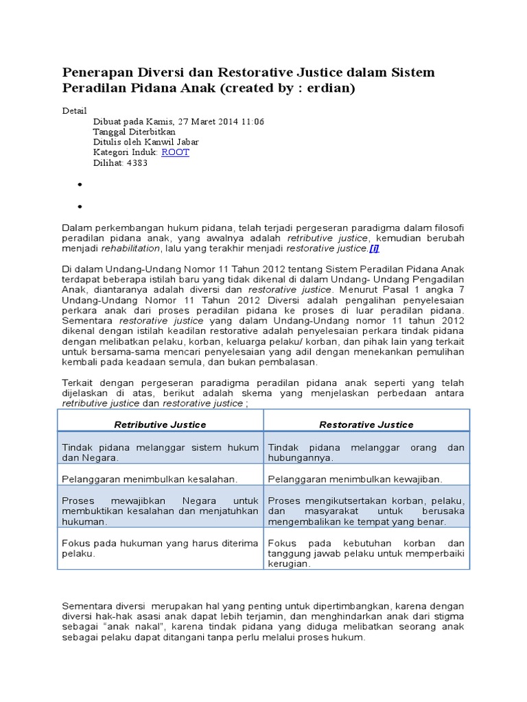 Penerapan Diversi Dan Restorative Justice Dalam Sistem Peradilan Pidana Anak | PDF