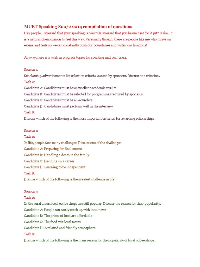 MUET Speaking 2014 | PDF | Hostel | Test (Assessment)
