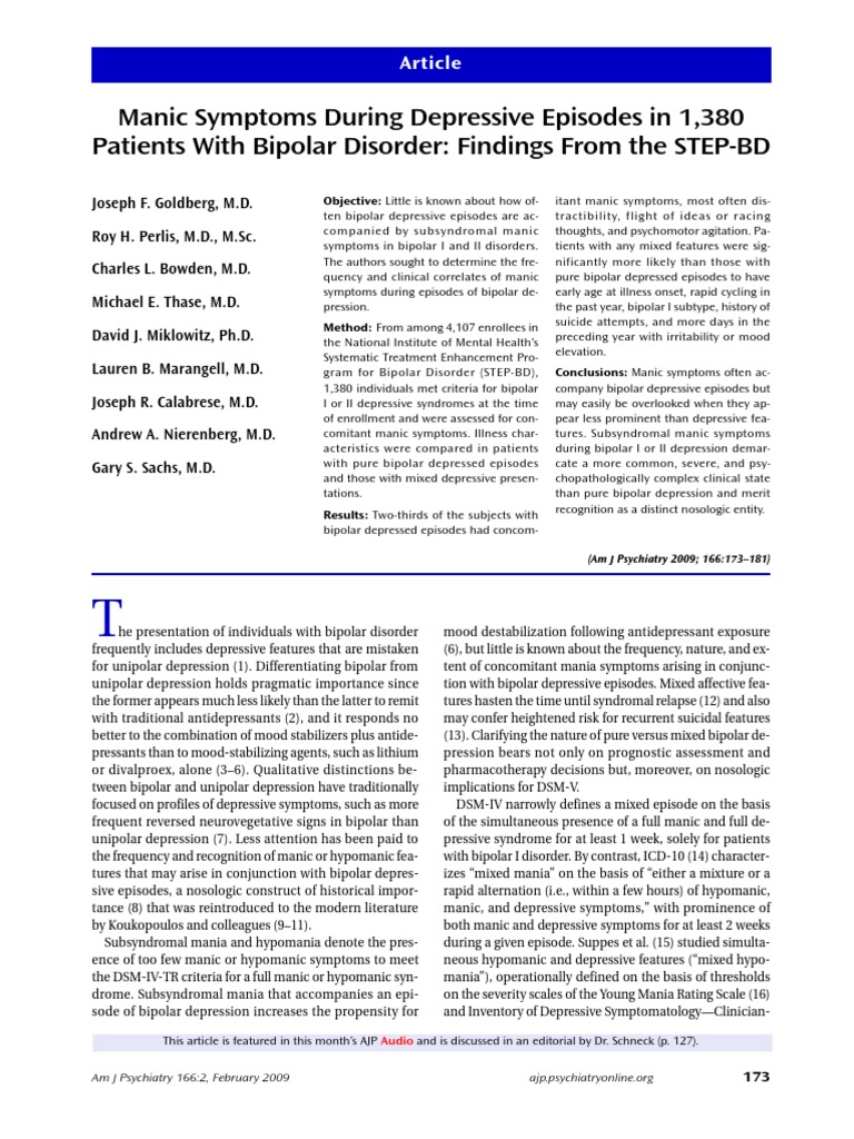 Manic Symptoms During Depressive Episodes in 1,380 Patients With ...
