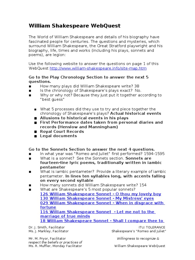 William Shakespeare WebQuest | PDF | William Shakespeare | Sonnets
