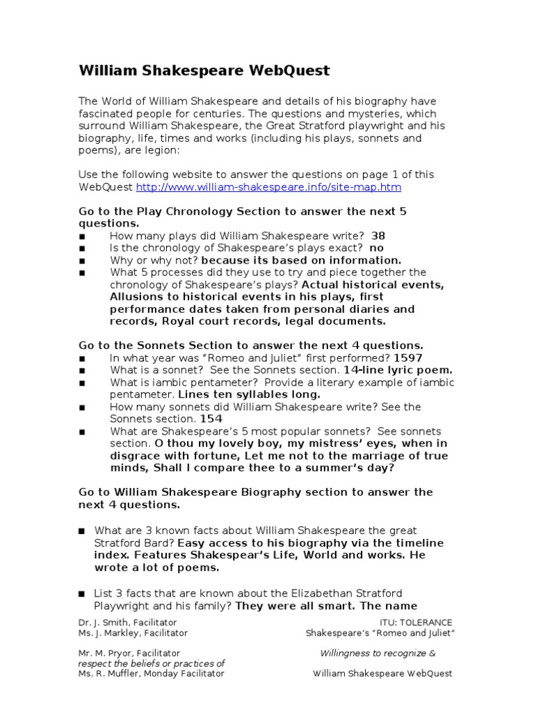 William Shakespeare Biography WebQuest | PDF | William Shakespeare ...