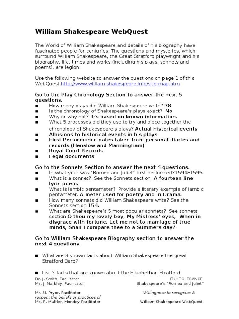William Shakespeare WebQuest | Download Free PDF | William Shakespeare ...