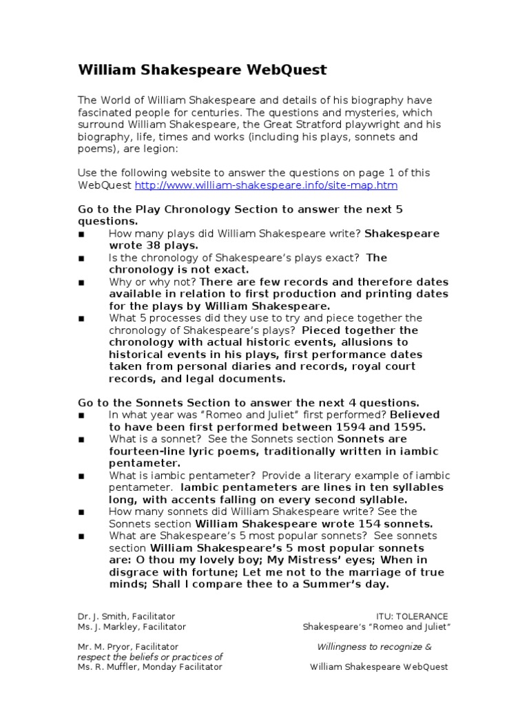 William Shakespeare WebQuest | PDF | William Shakespeare | Sonnets