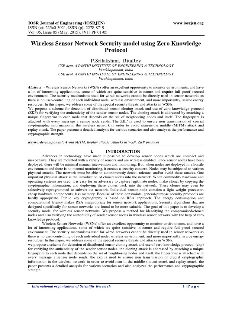 Wireless Sensor Network Security Model Using Zero Knowledge Protocol | PDF | Wireless Sensor ...