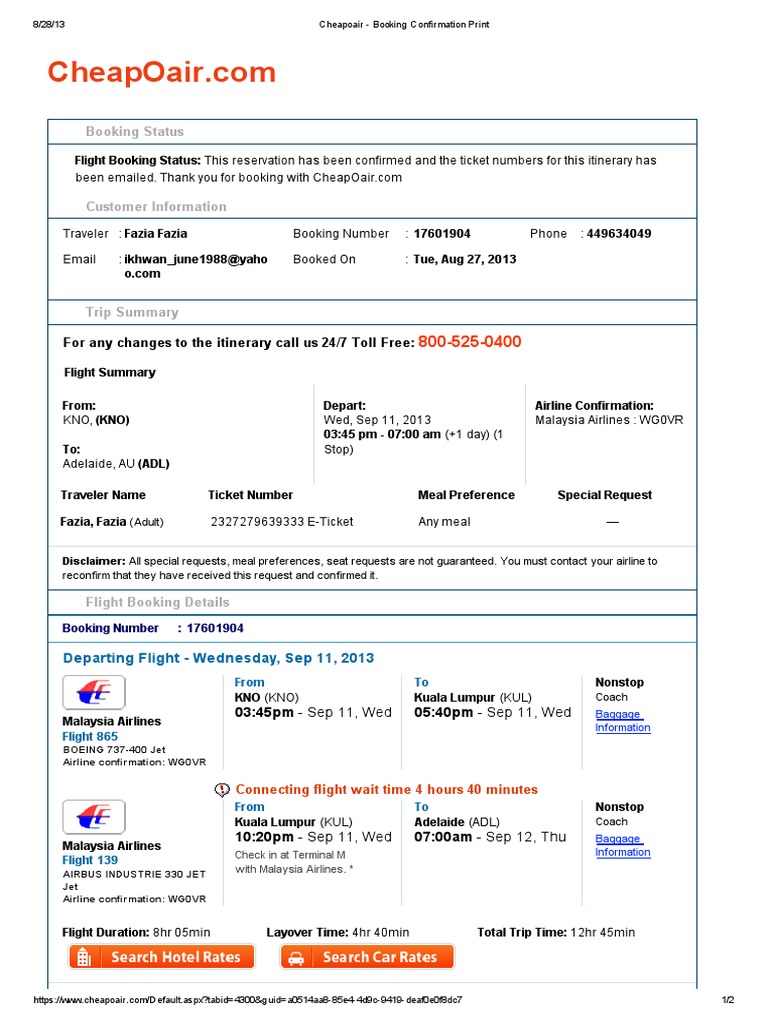 Contoh Booking Confirmation Print E-Ticket Number | PDF | Travel Visa ...