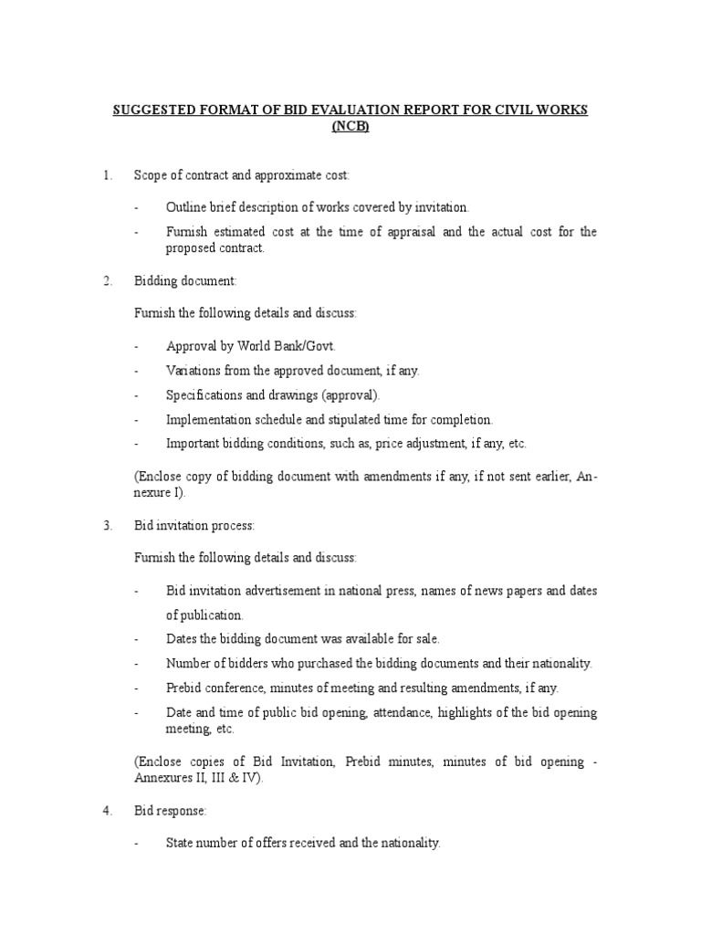 Bid Evaluation Report Format for NCB | PDF | Rupee | Specification ...
