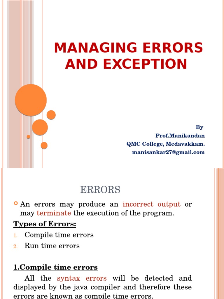 Managing Errors and Exception: by Prof - Manikandan QMC College, Medavakkam | PDF | Java ...