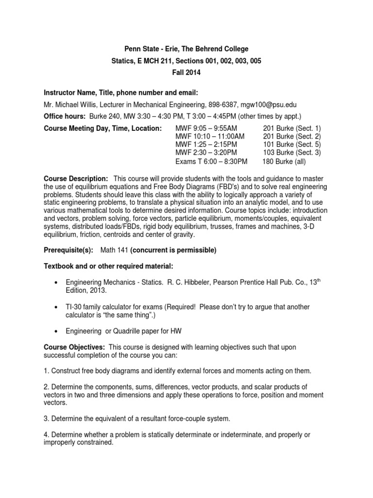 Syllabus for Statics Course at Penn State Erie Outlining Course Details ...
