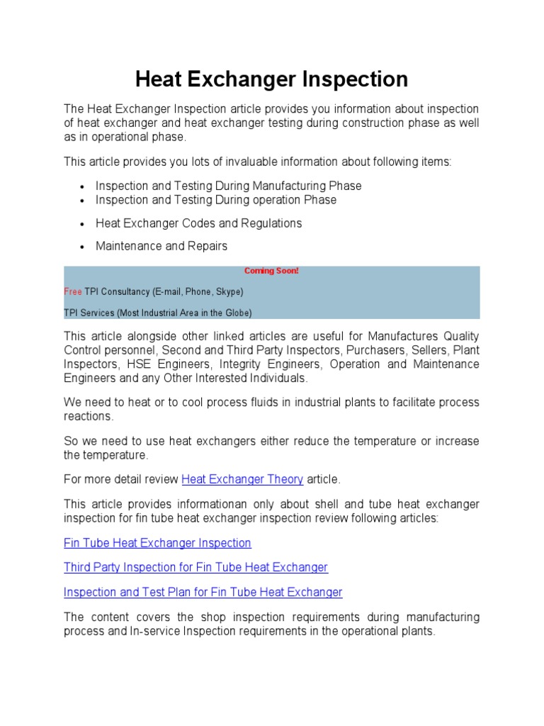Heat Exchanger Inspection | Download Free PDF | Heat Exchanger | Pipe ...