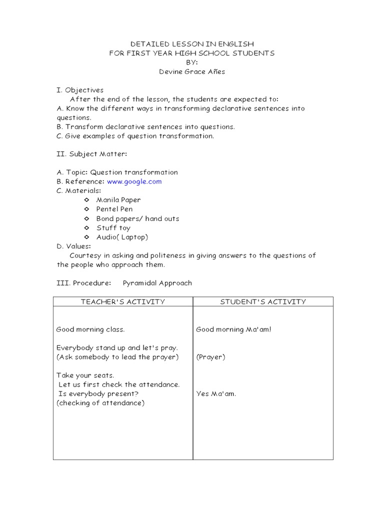 Detailed Lesson Plan-Question Transformation. | PDF | Question | Pronoun