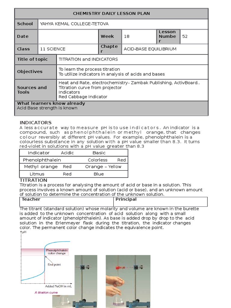 Titration and Indicators Lesson Plan | PDF | Titration | Chemistry