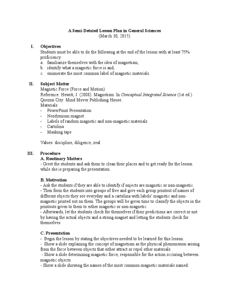 A Semi-Detailed Lesson Plan For General Sciences | PDF | Magnetism | Magnet
