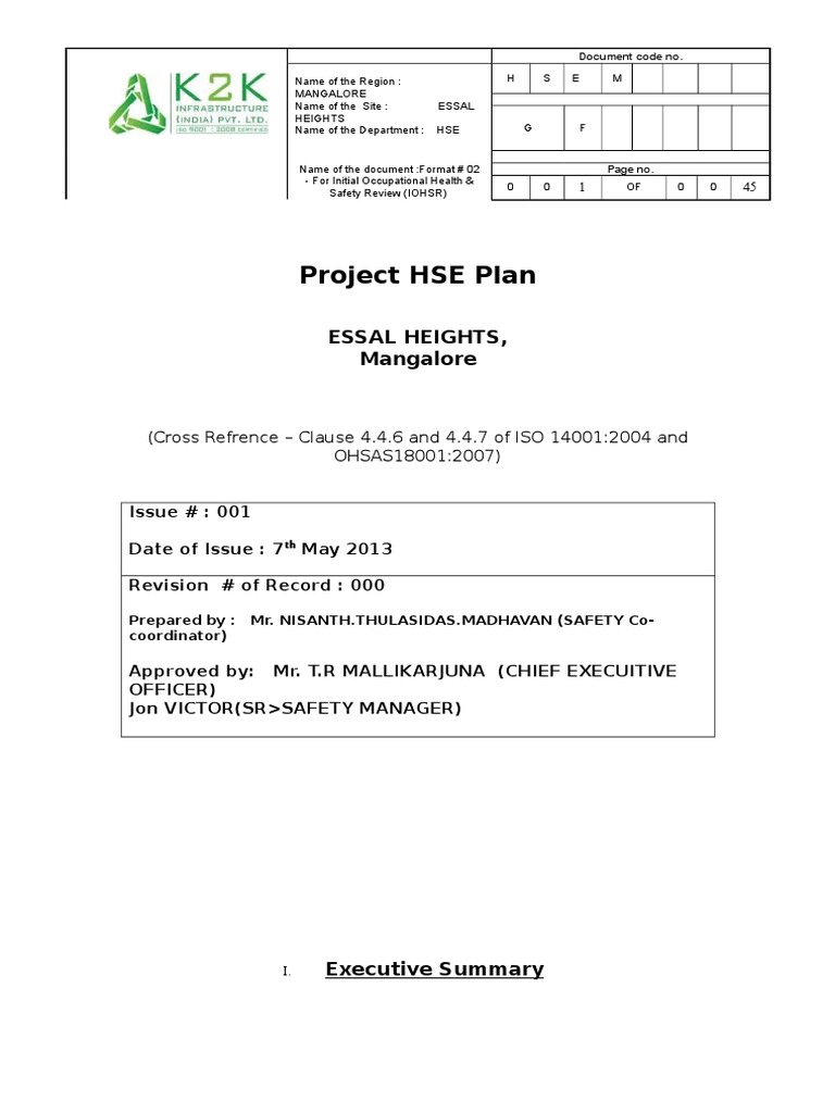 HSE Plan for ESSAL Heights, Mangalore | PDF | Emergency | Occupational ...