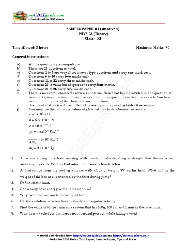 PHYSICS (Theory) : SAMPLE PAPER-01 (Unsolved) | PDF | Acceleration ...