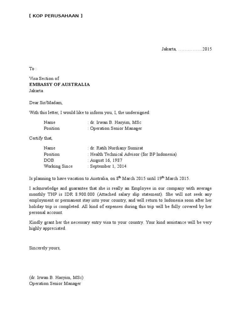 Sample Employment Letter For Visa
