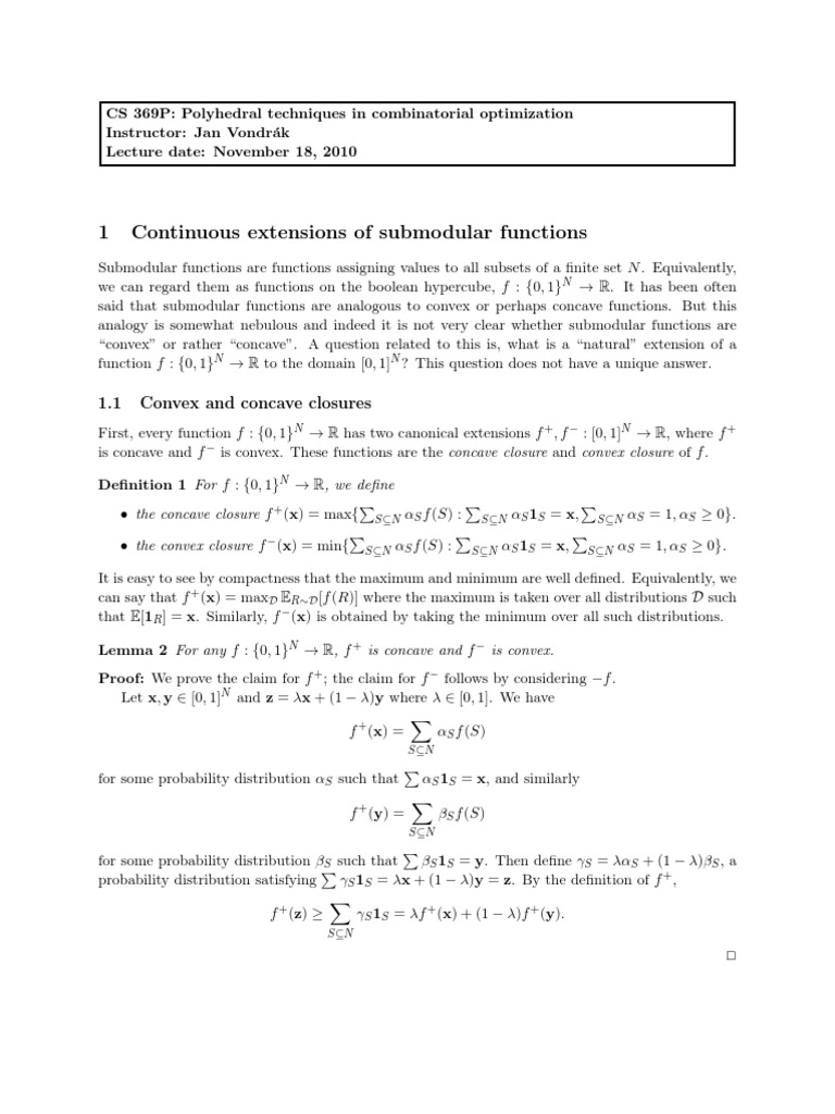 1 Continuous Extensions of Submodular Functions: 1.1 Convex and Concave Closures | PDF ...
