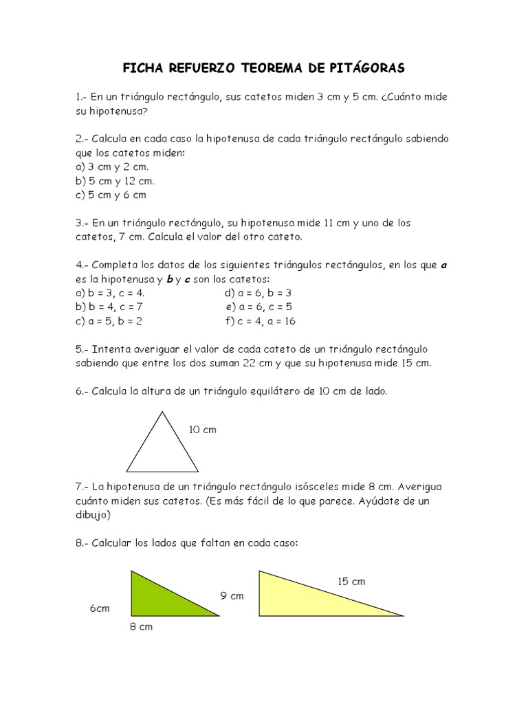 Ficha Refuerzo Teorema de Pitágoras