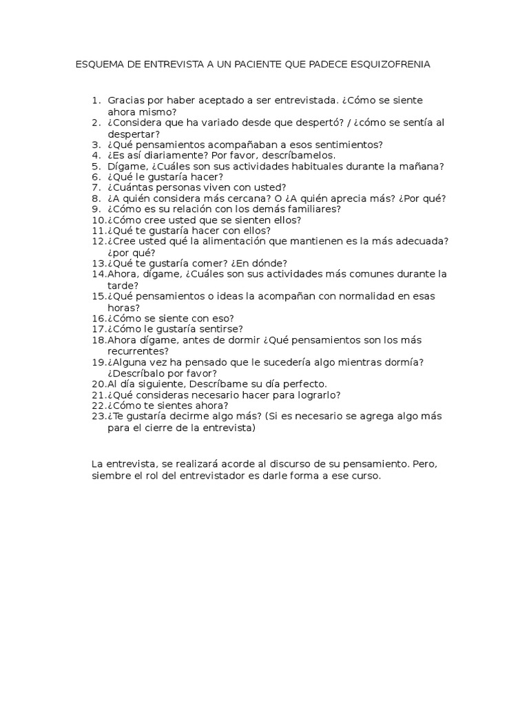 Esquema Entrevista Esquizofrenia | PDF