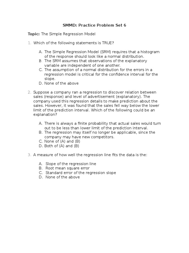 SMMD: Practice Problem Set 6 Topic: The Simple Regression Model | PDF | Regression Analysis ...
