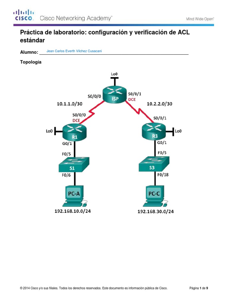 9.2.2.7 Lab - Configuracion y Verificacion de ACL | PDF | Enrutador (Computación) | Interfaz de ...