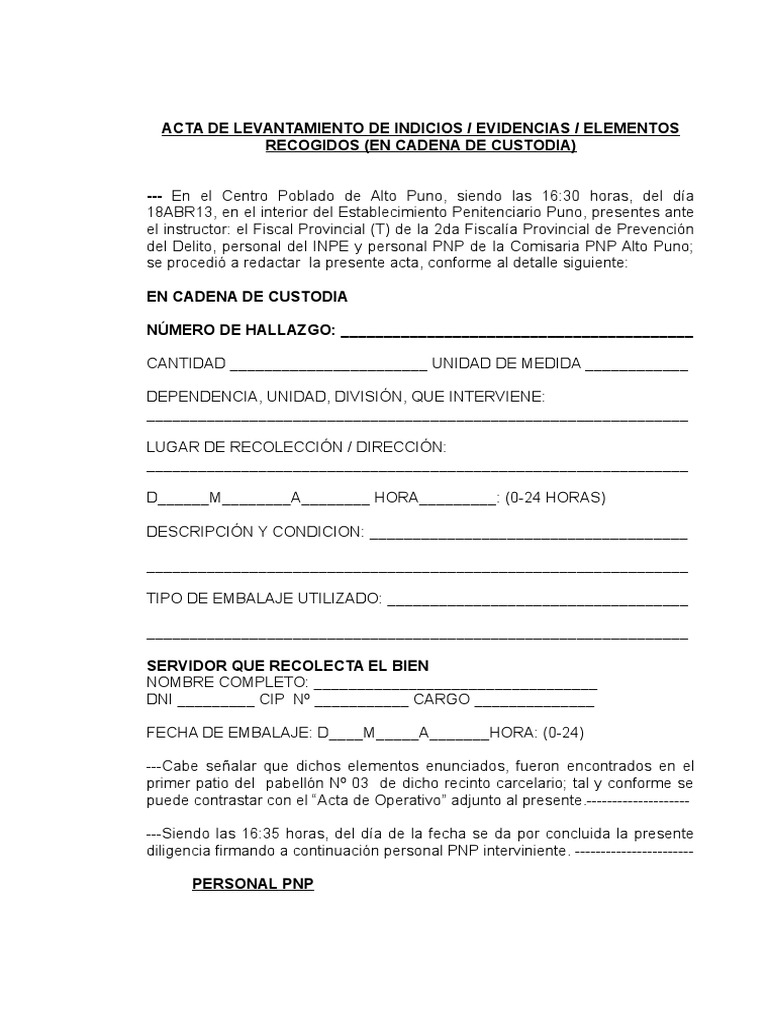 Acta de Levantamiento de Indicios y Evidencias | PDF