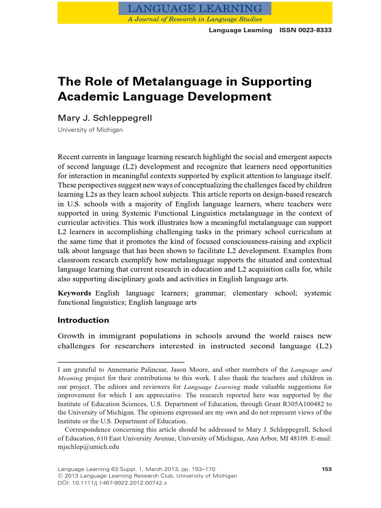The Role of Metalanguage in Supporting Academic Language Development ...