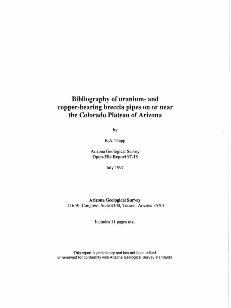 Bibliography of Uranium and Copper Bearing Breccia Pipes On or Near The ...