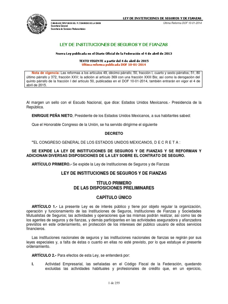Ley de Instituciones de Seguros y Fianzas | PDF
