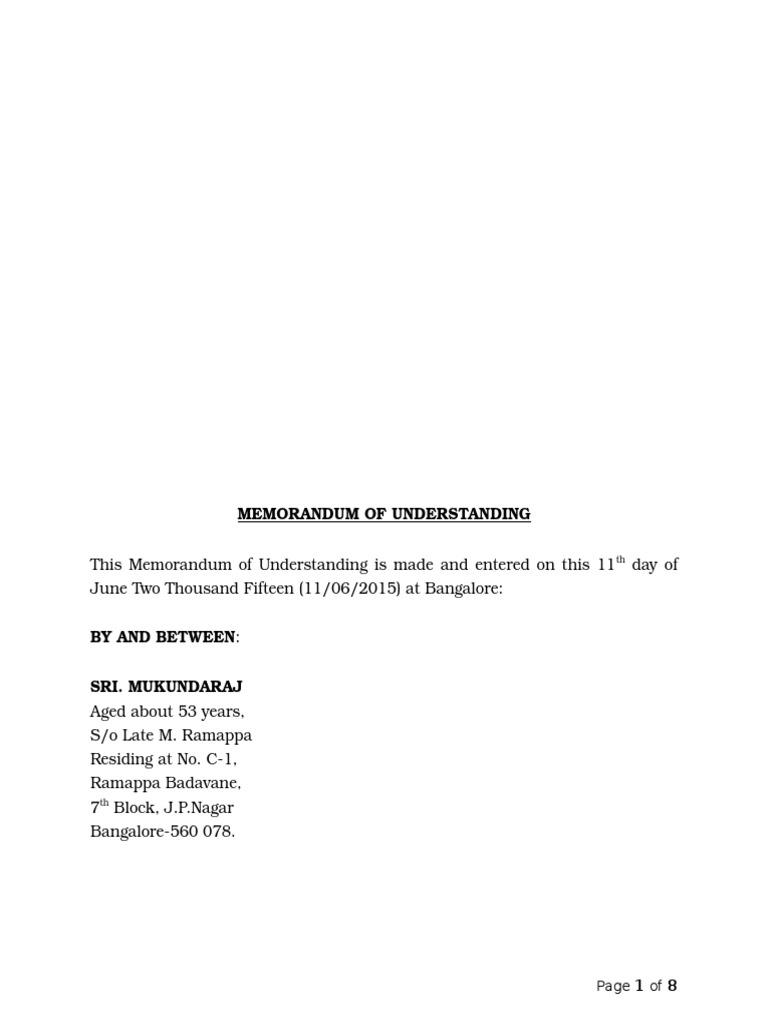 Memorandum of Understanding - For Purchase of Land/Site | PDF ...