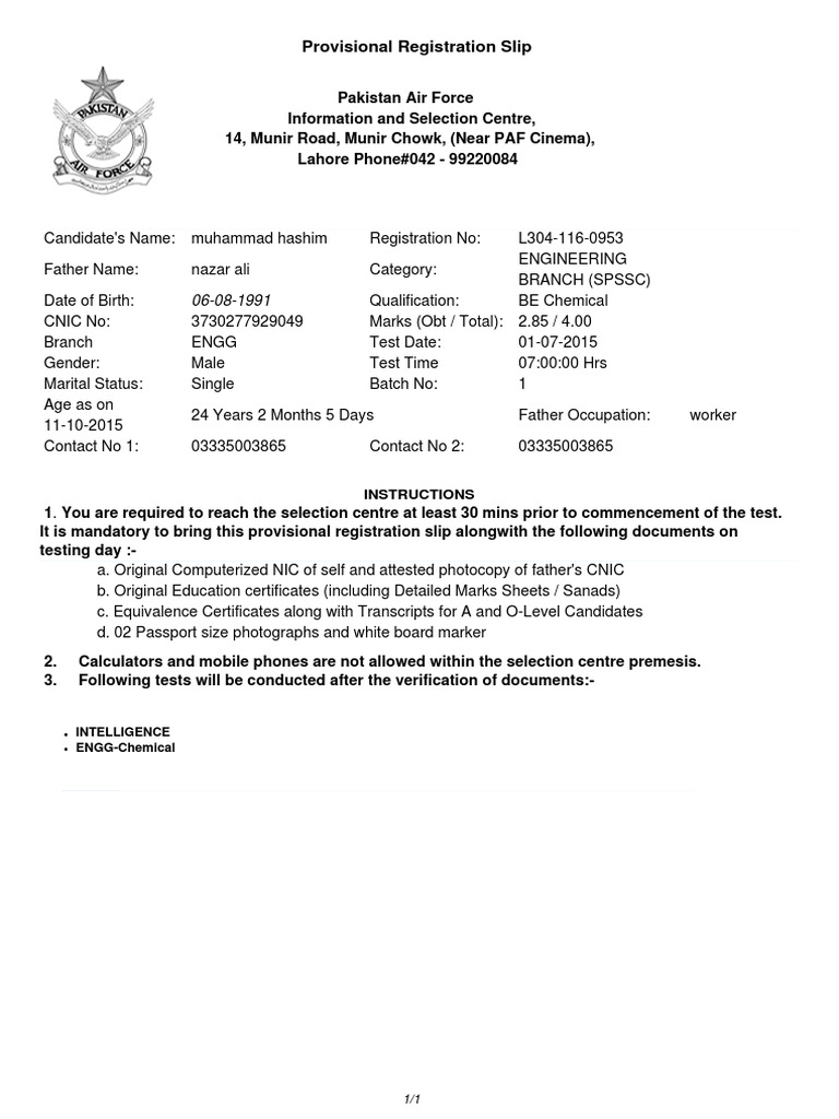 PAF Provisional Registration Slip 2025 | PDF