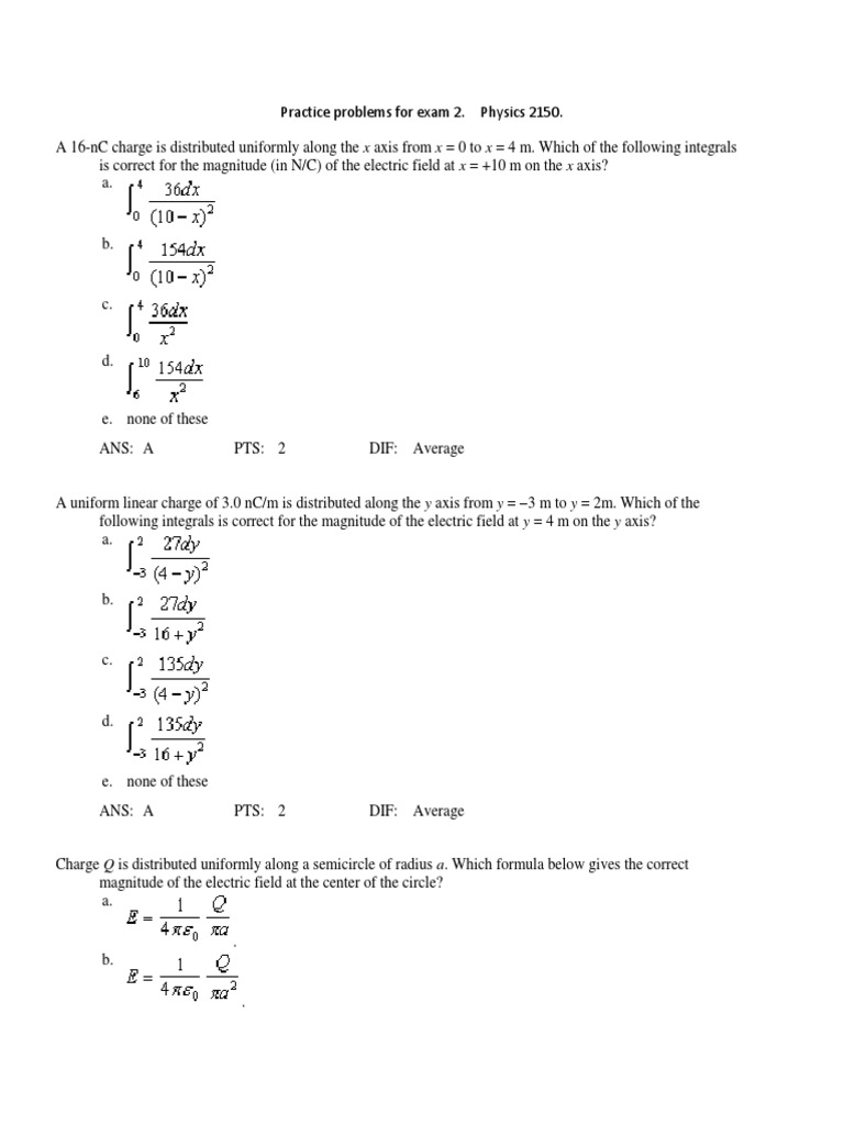 Electric Field and Potential Practice Problems for Exam 2 in Physics ...