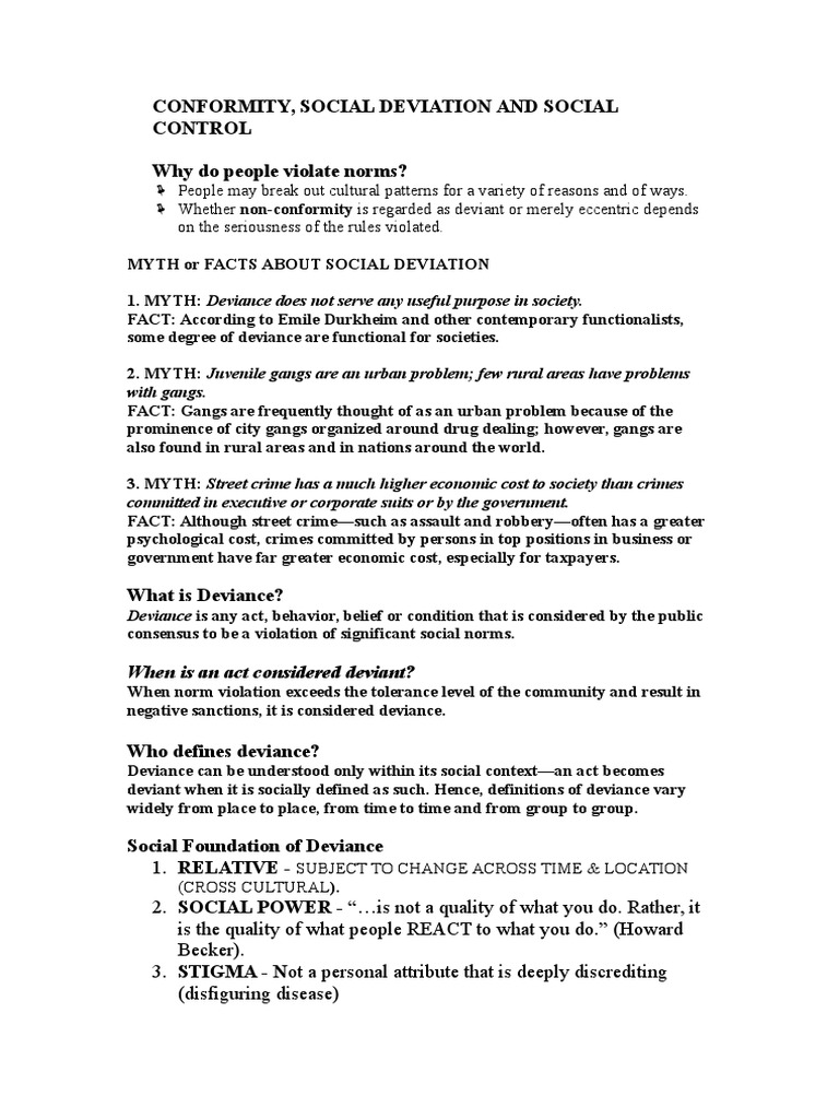 Conformity, Social Deviation and Social Control | PDF | Deviance ...