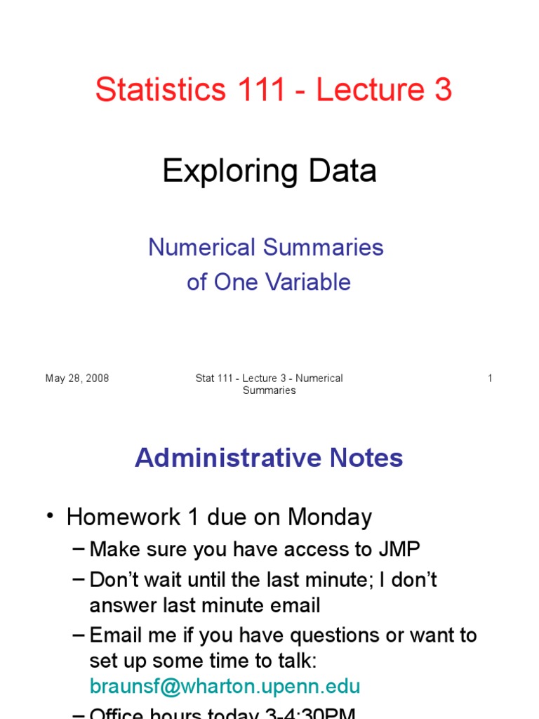 Statistics 111 - Lecture 3: Exploring Data | PDF | Mean | Outlier