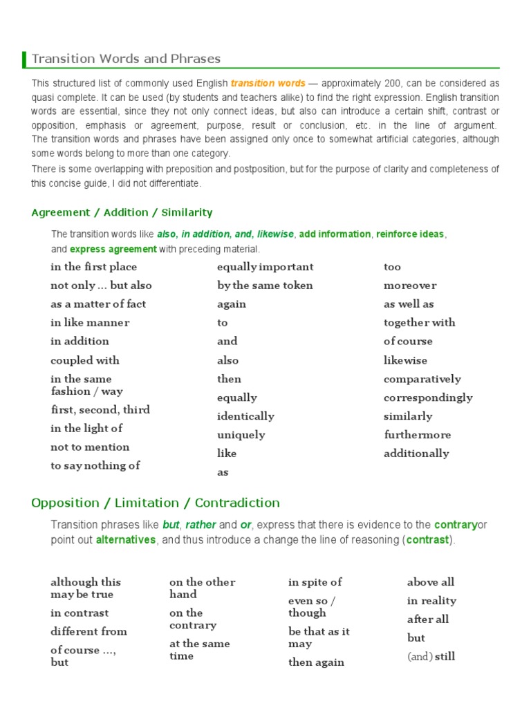 Transition Words and Phrases | PDF | Phrase | Linguistics