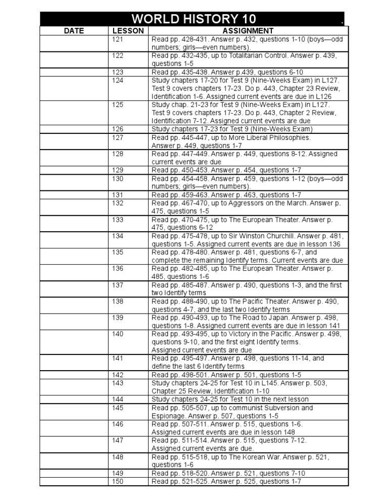World History Lesson Assignments Guide | PDF | Language Arts ...