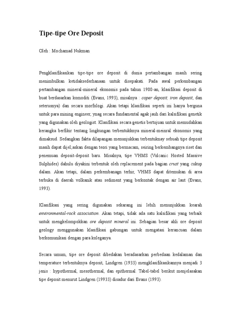 Klasifikasi Tipe Ore Deposit Mineral | PDF | Mineral | Padatan Kristalin