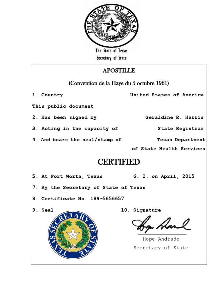Certified: The State of Texas Secretary of State Apostille (Convention ...