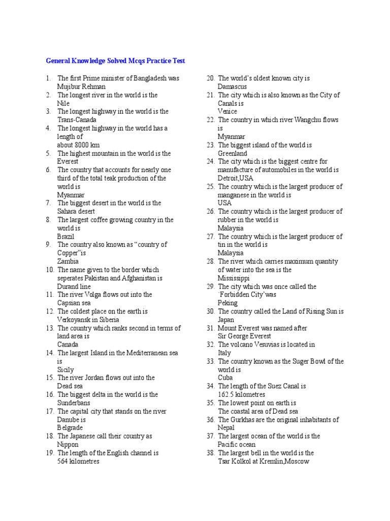 General Knowledge Solved Mcqs Practice Test | PDF | Pakistan | Lecture