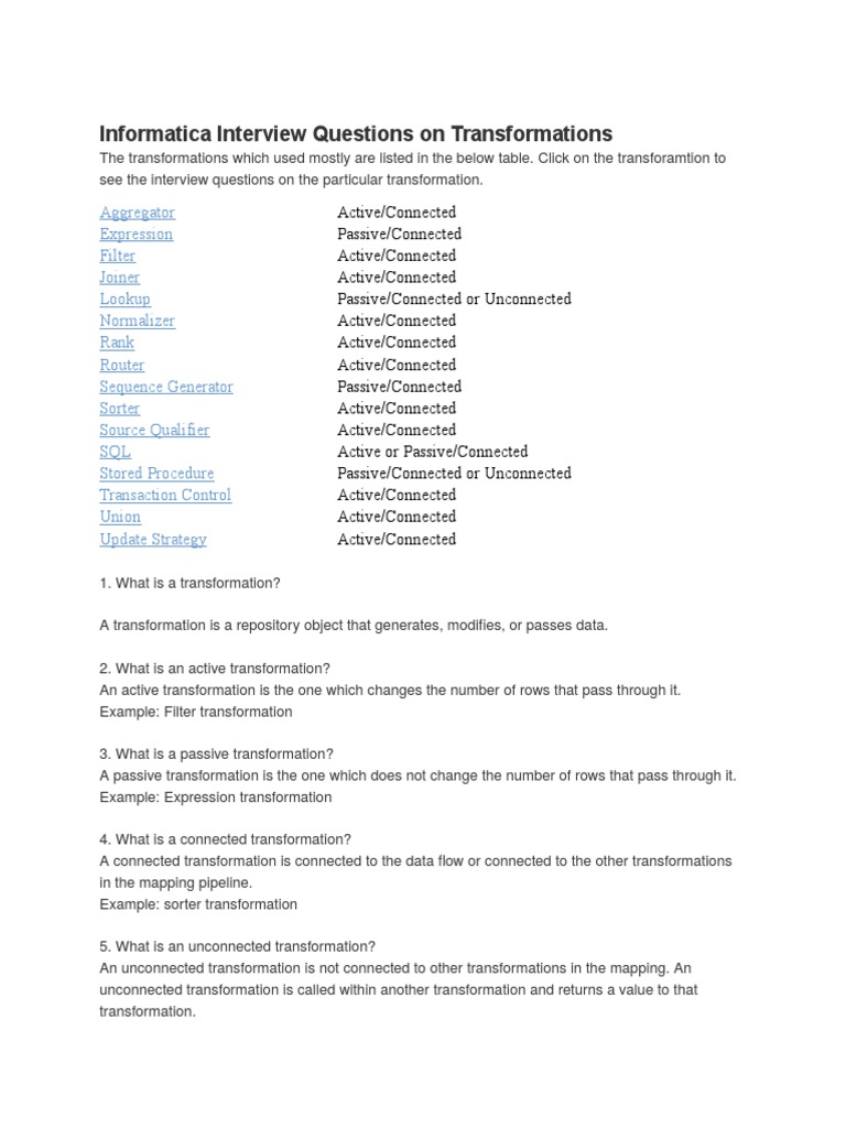 Informatica Interview Questions On Transformations Pdf Sql Parameter Computer Programming