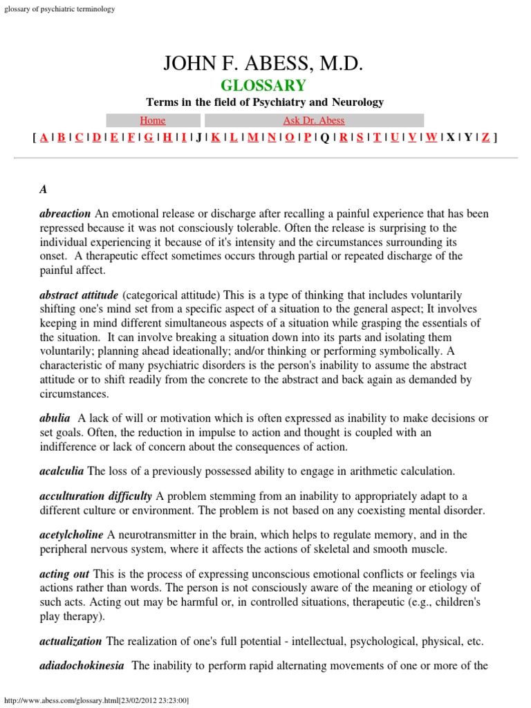 A Comprehensive Glossary of Psychiatric and Neurological Terminology ...