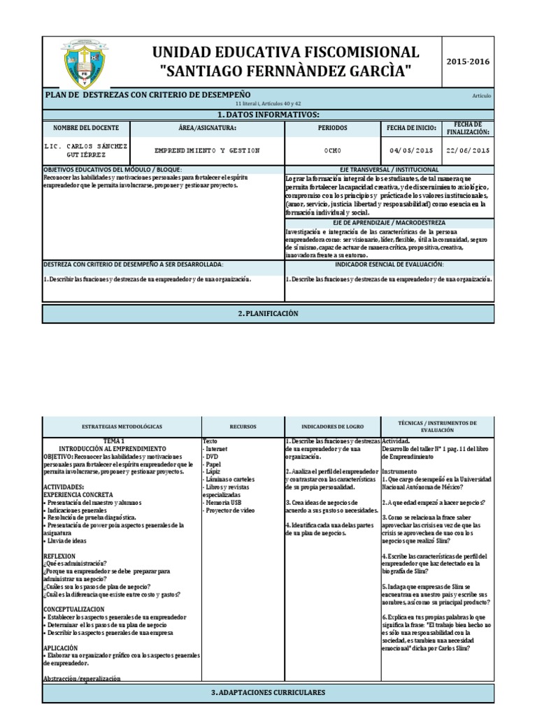 Plan de Destrezas Tercero Carlos Sanchez | PDF | Plan de negocios ...