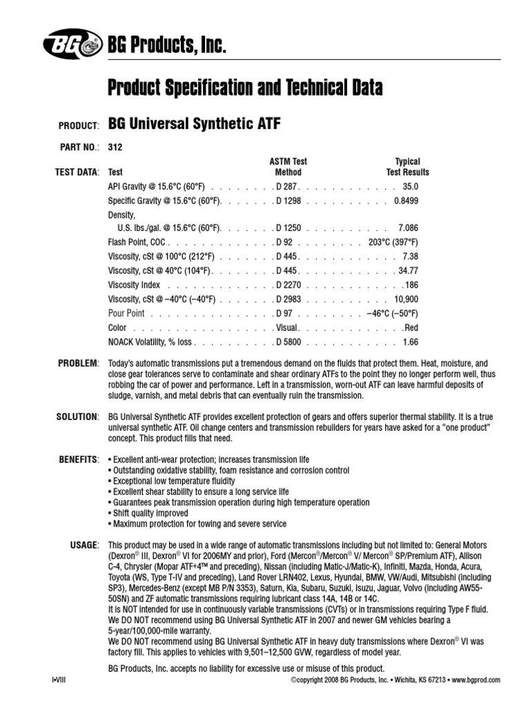 BG Universal Synthetic ATF | PDF | Automatic Transmission ...