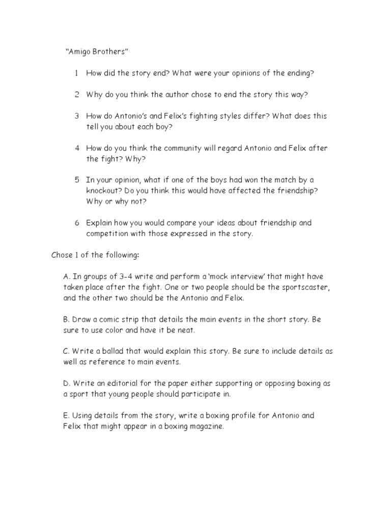 Amigo Brothers Worksheet | PDF | Sports