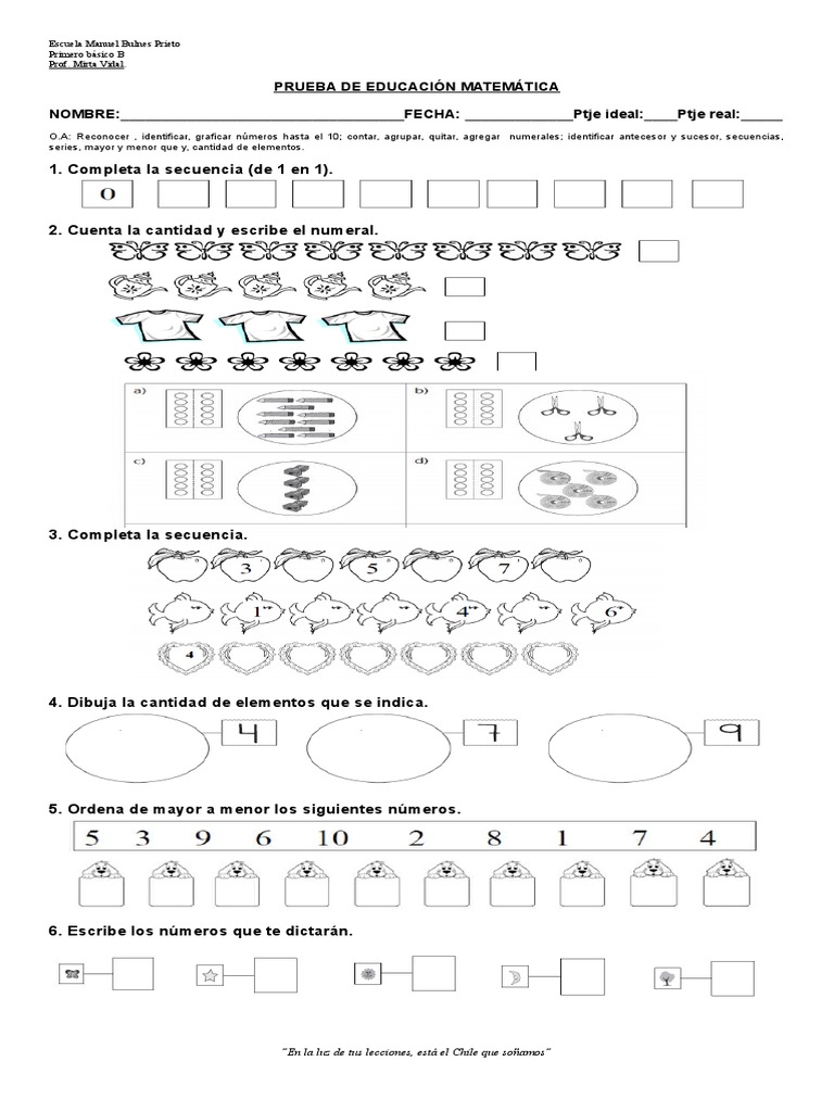 Prueba Matematica Primero Numeros Hasta 10 | PDF