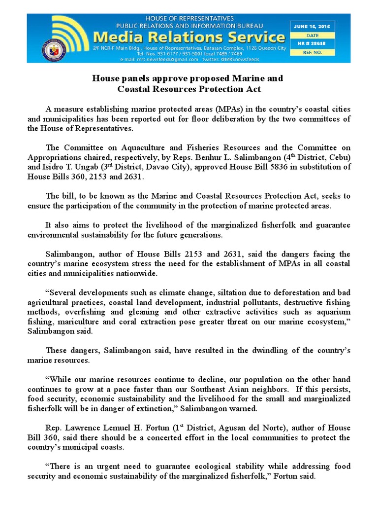 June15.2015 Bhouse Panels Approve Proposed Marine and Coastal Resources ...