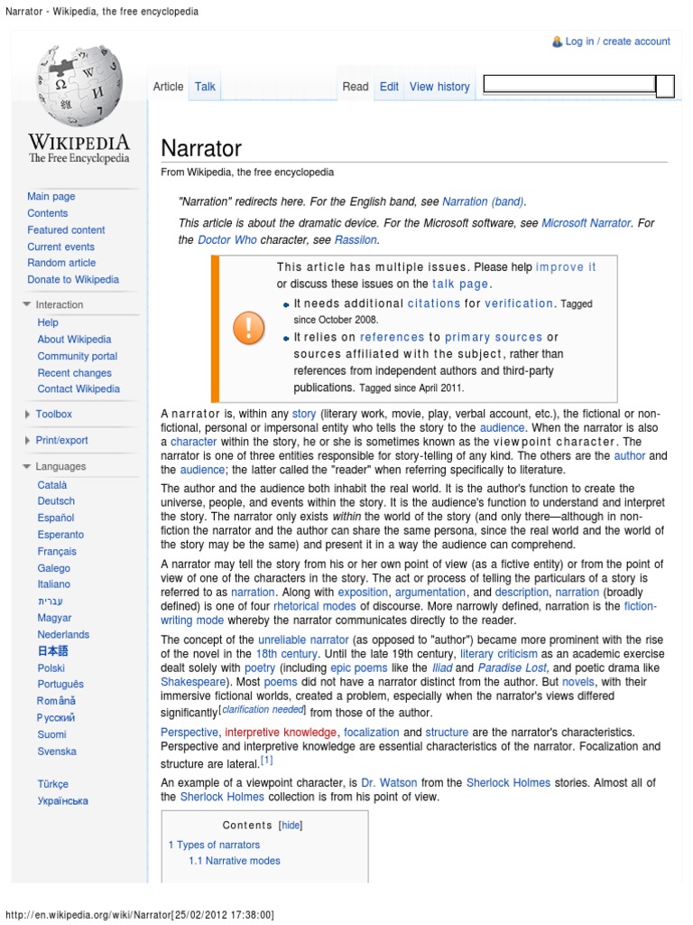 Narrator - Wikipedia, The Free Encyclopedia | PDF | Narration | Narrative