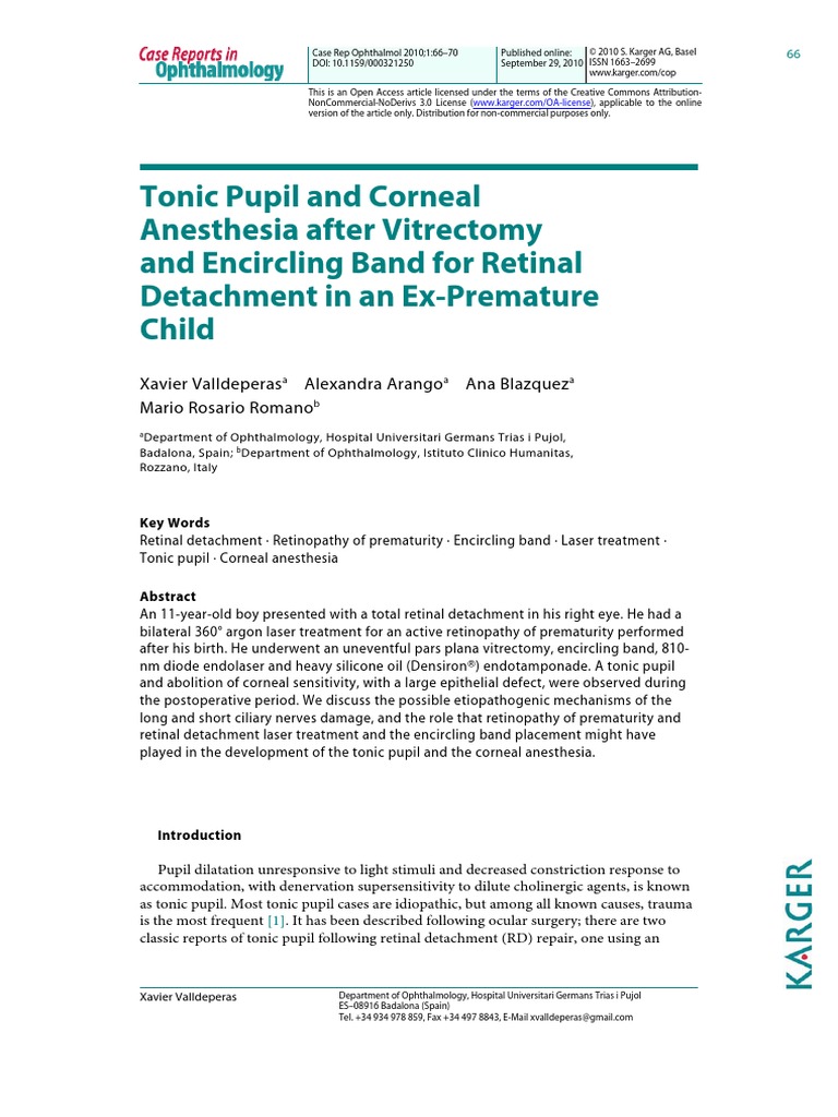 Tonic Pupil and Corneal Anesthesia After Vitrectomy and Encircling Band ...