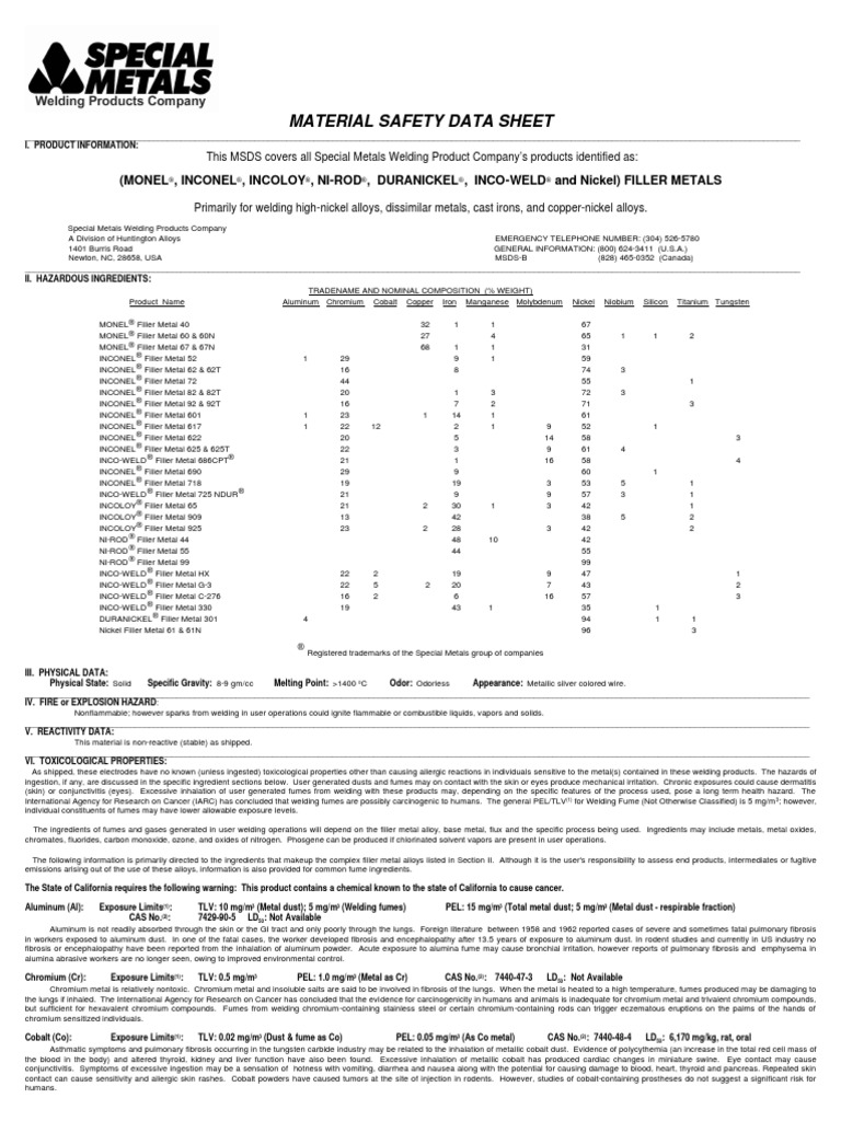 Monel Filler Metal 67 Msds | PDF | Nickel | Manganese